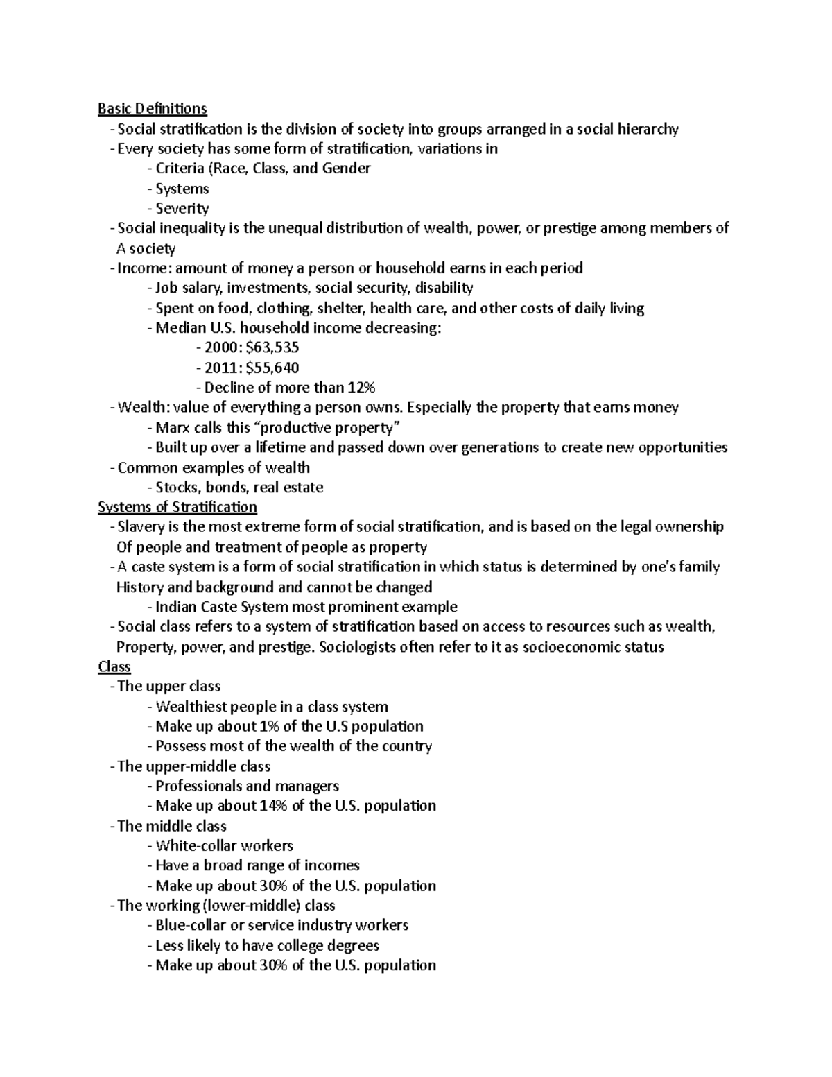 SOC 101 8 - Lecture notes - Basic Definitions - Social stratification ...
