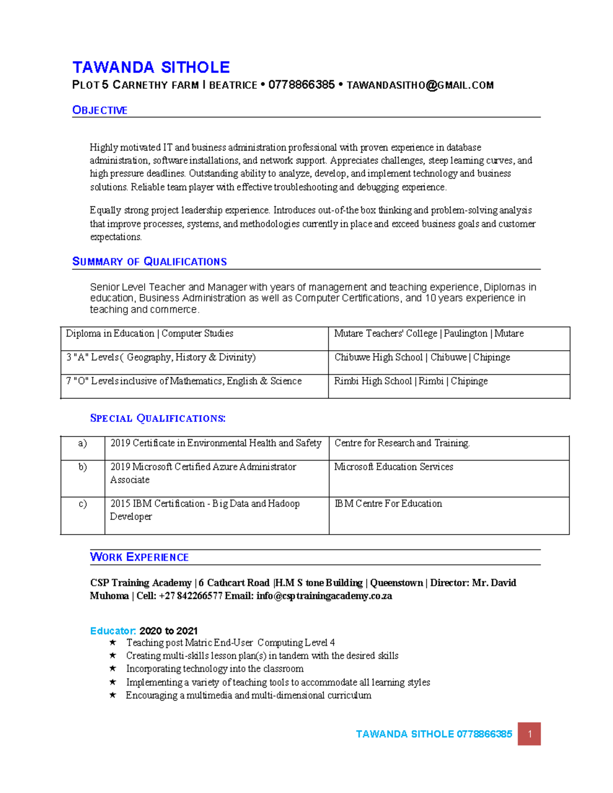 Tawanda Sithole C - TAWANDA SITHOLE PLOT 5 CARNETHY FARM Ɩ BEATRICE • 0778866385 • - Studocu