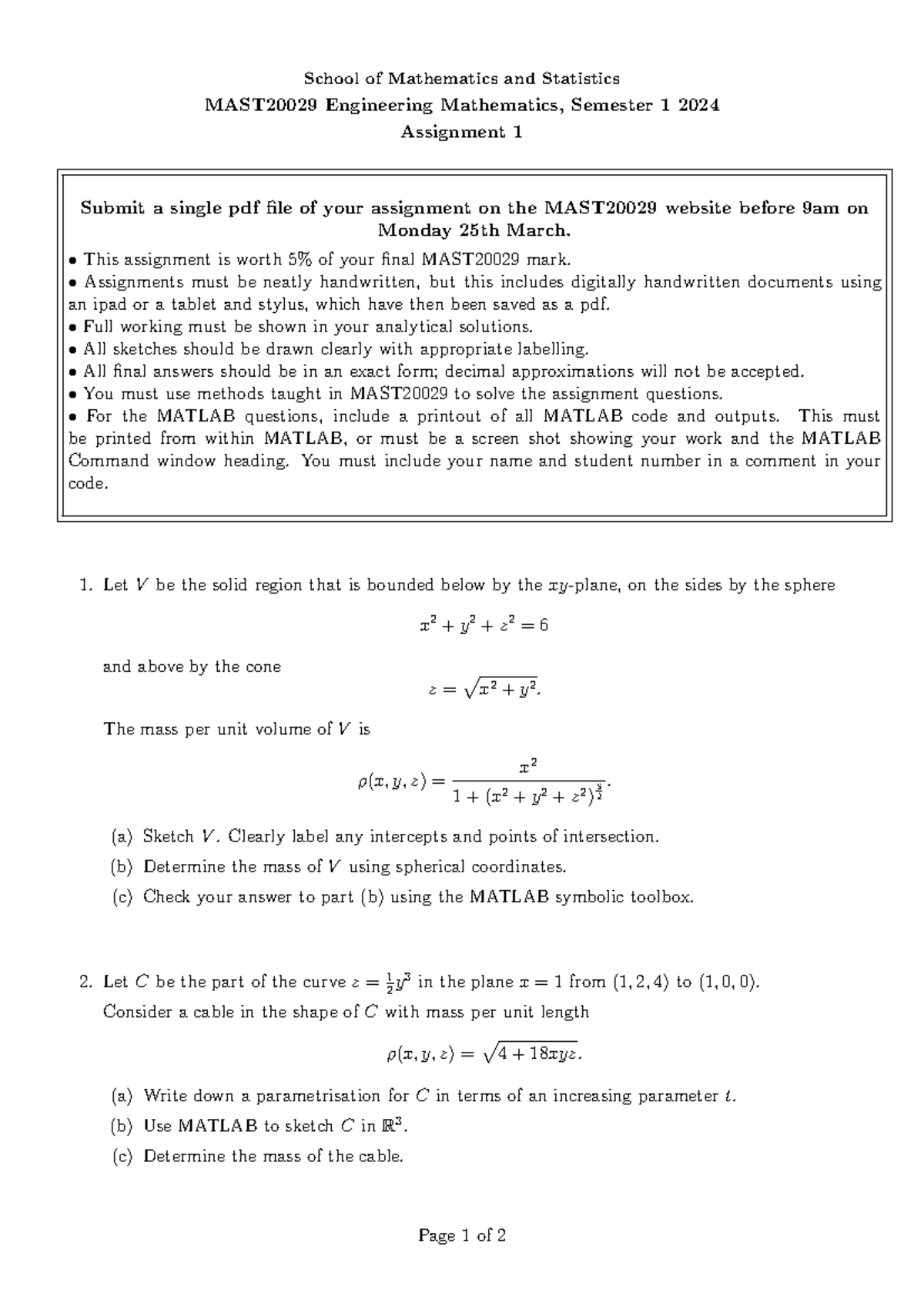 Assignment 1 - School of Mathematics and Statistics MAST20029 Engineering Mathematics, Semester ...