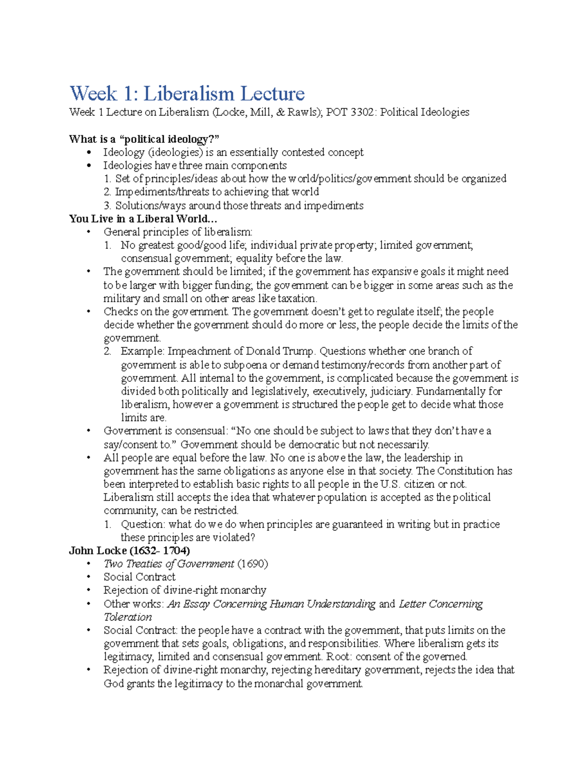 Week 1- Liberalism Lecture - Week 1: Liberalism Lecture Week 1 Lecture ...