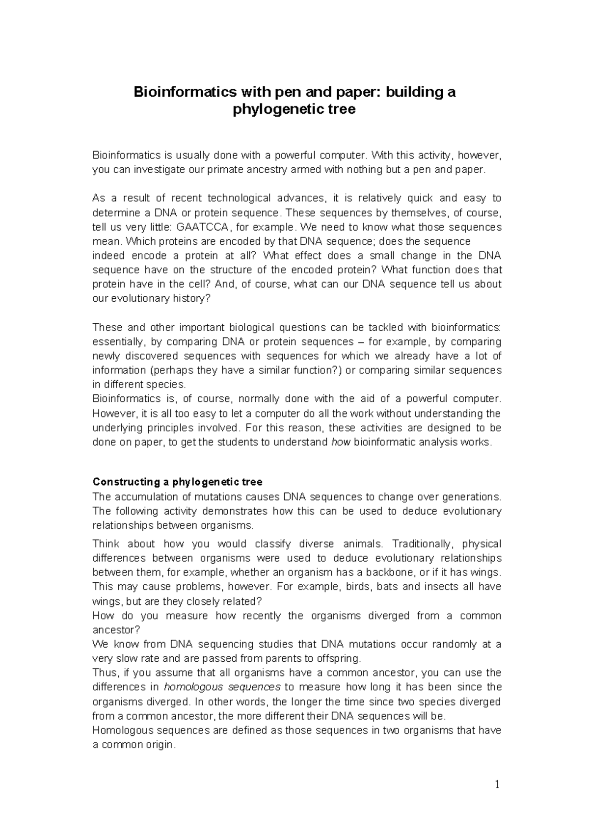 Bioinformatics with pen and paper - With this activity, however, you ...