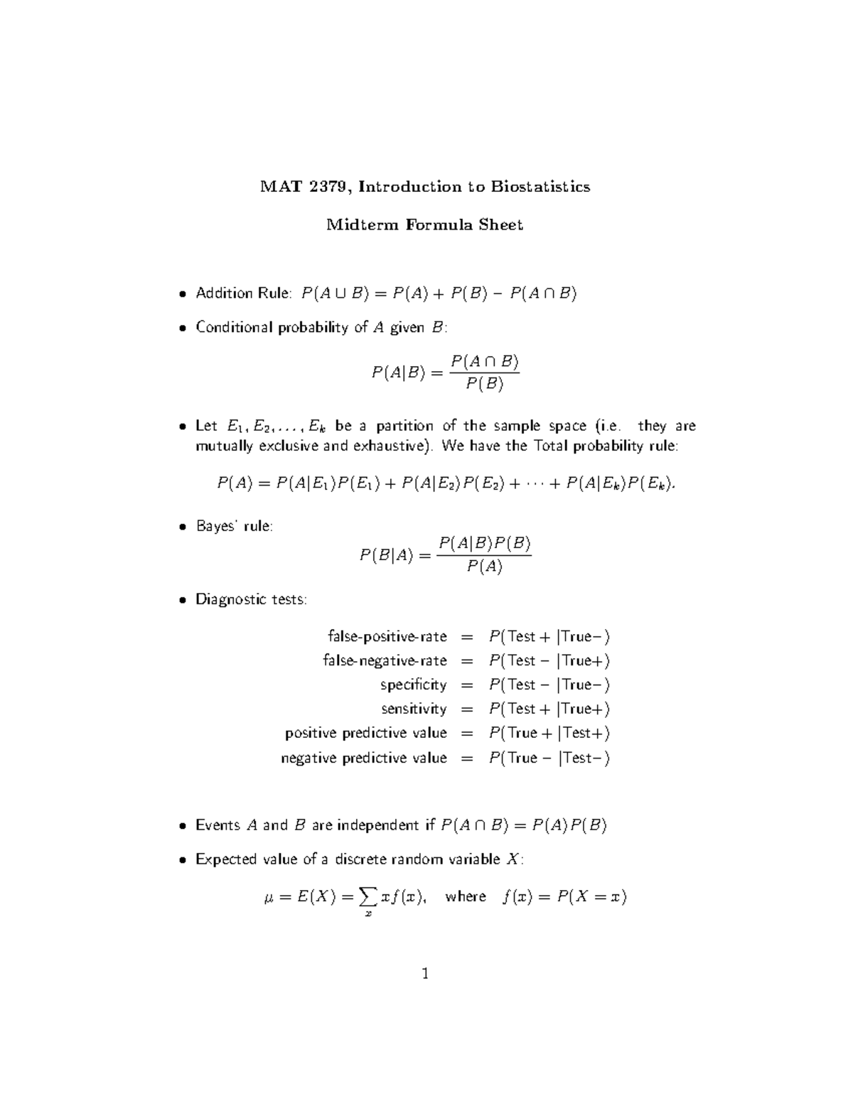 2379-midterm-sheet - Formula sheet needed for the 1st midterm (recommended by the prof) - MAT ...