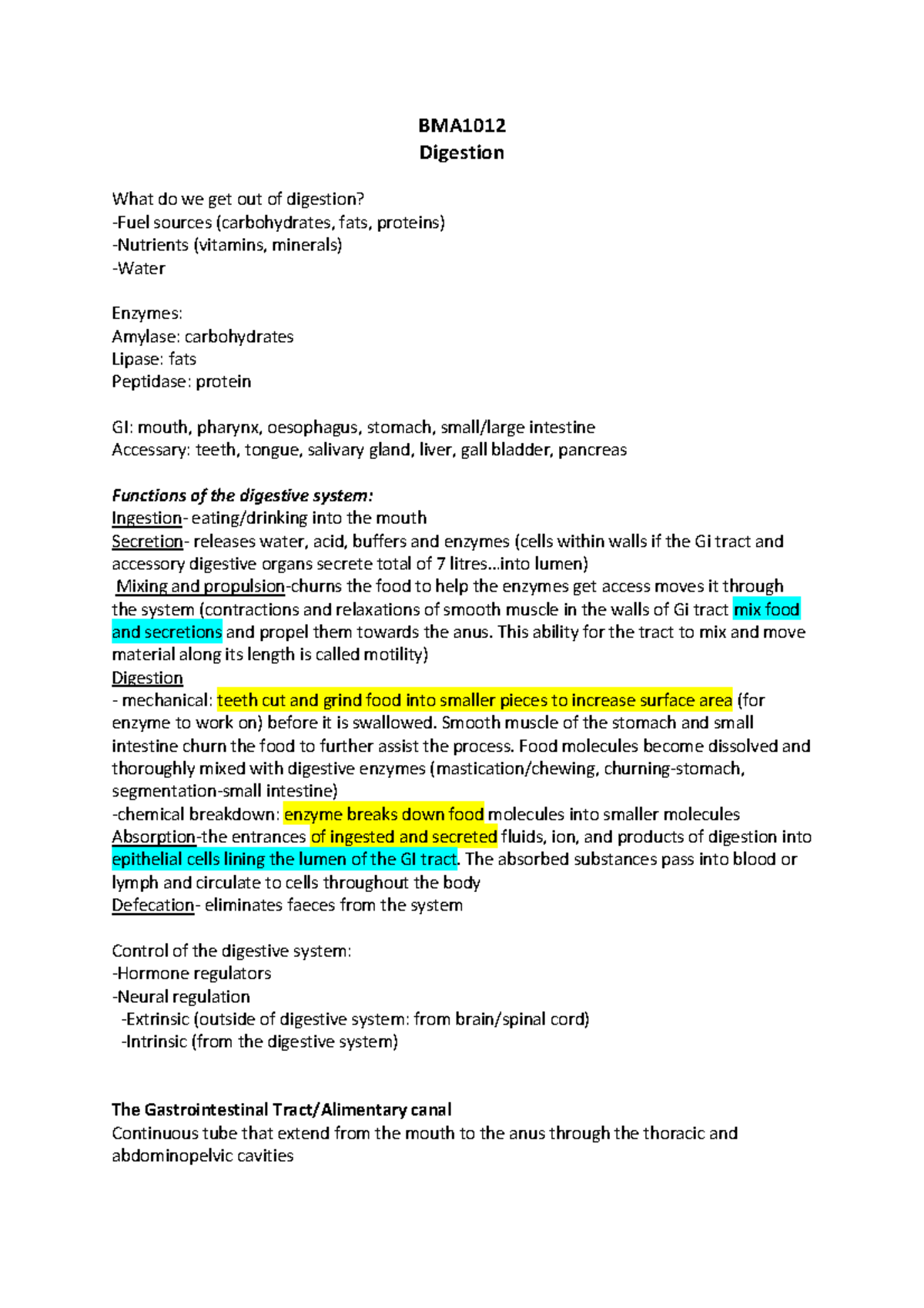 BMA1012 notes - BMA Digestion What do we get out of digestion? Fuel ...