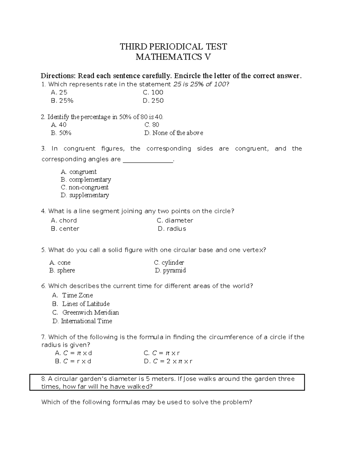 Third Periodical TEST IN MATH 5 - THIRD PERIODICAL TEST MATHEMATICS V ...