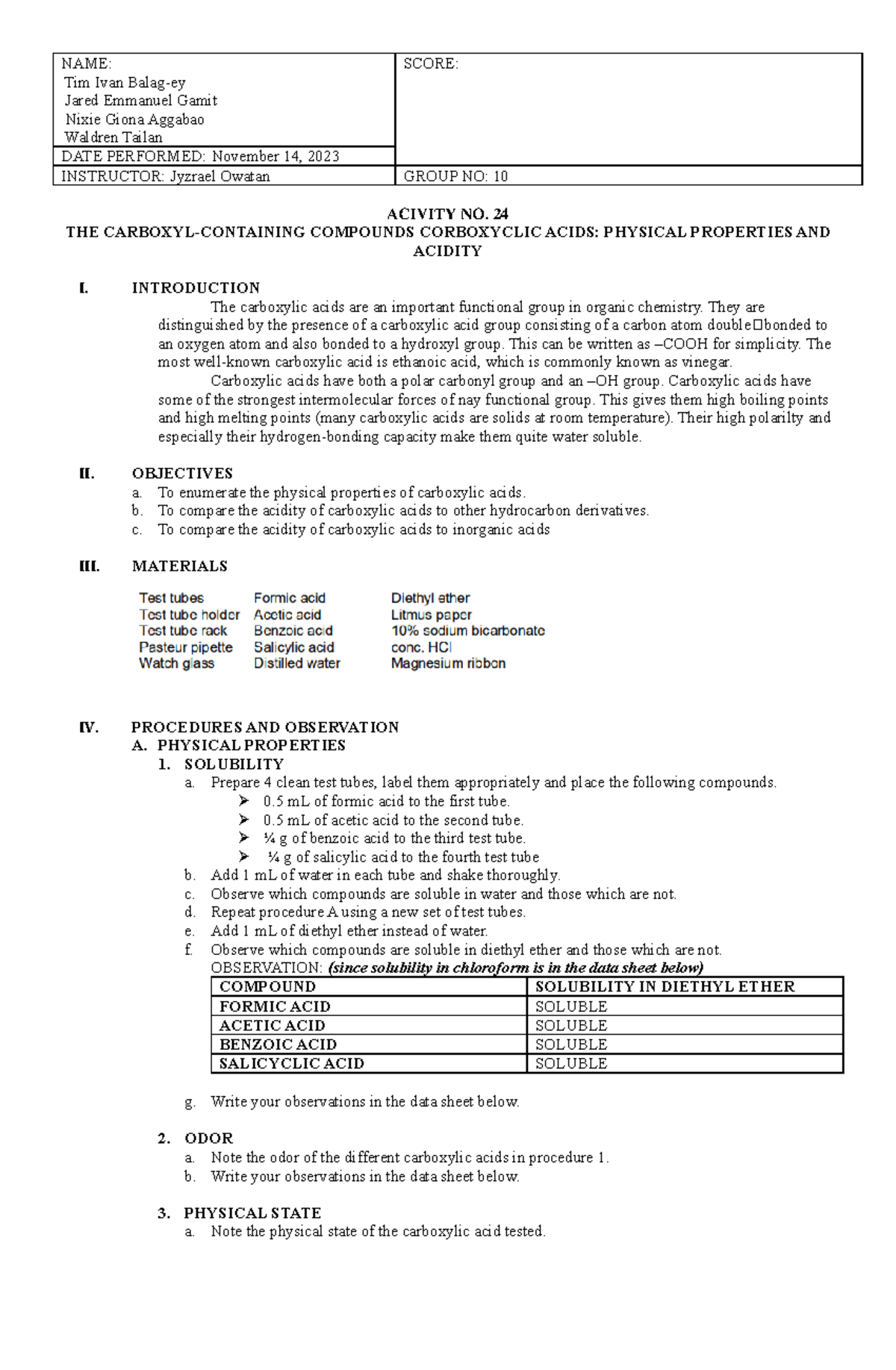 LAB ACT ACT 24 - Laboratory Activity for the subject of organic ...