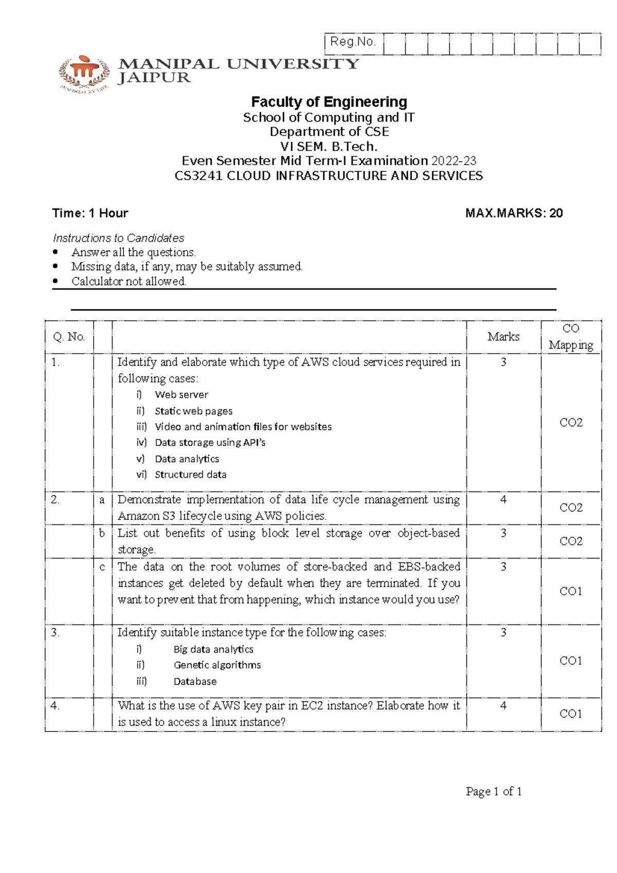 MTE 1 CS3241 - Time: 1 Hour MAX: 20 Q. No. Marks CO Mapping 1. Identify and elaborate which type ...