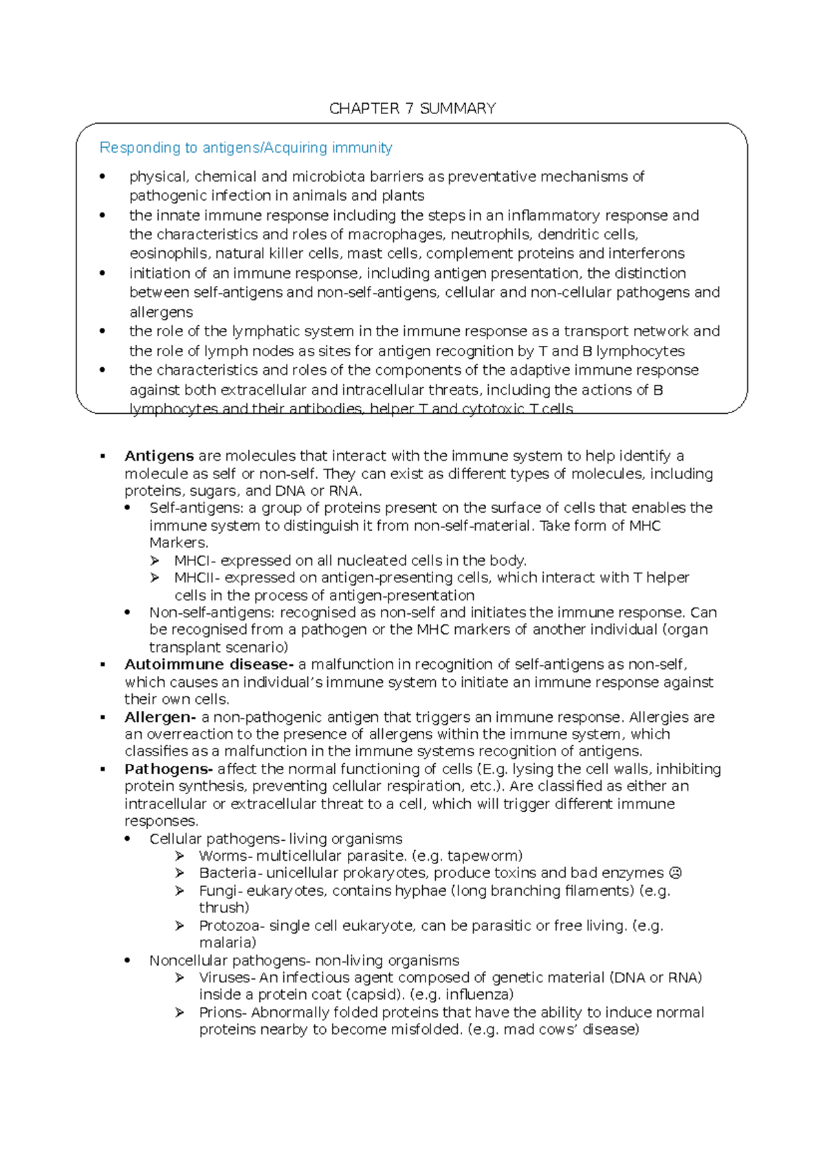 Chapter 7 Summary - immunity - CHAPTER 7 SUMMARY Responding to antigens ...
