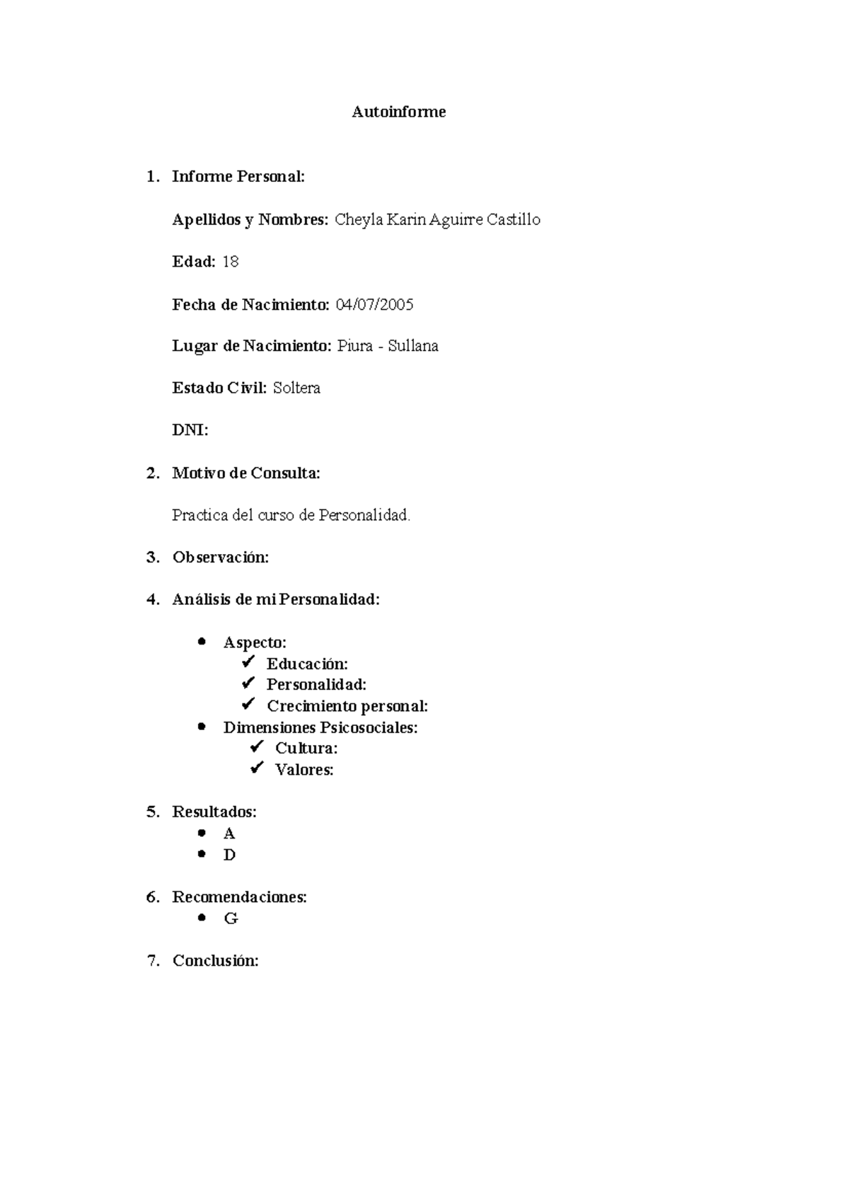 Autoinforme - observación y entrevista - Autoinforme Informe Personal ...