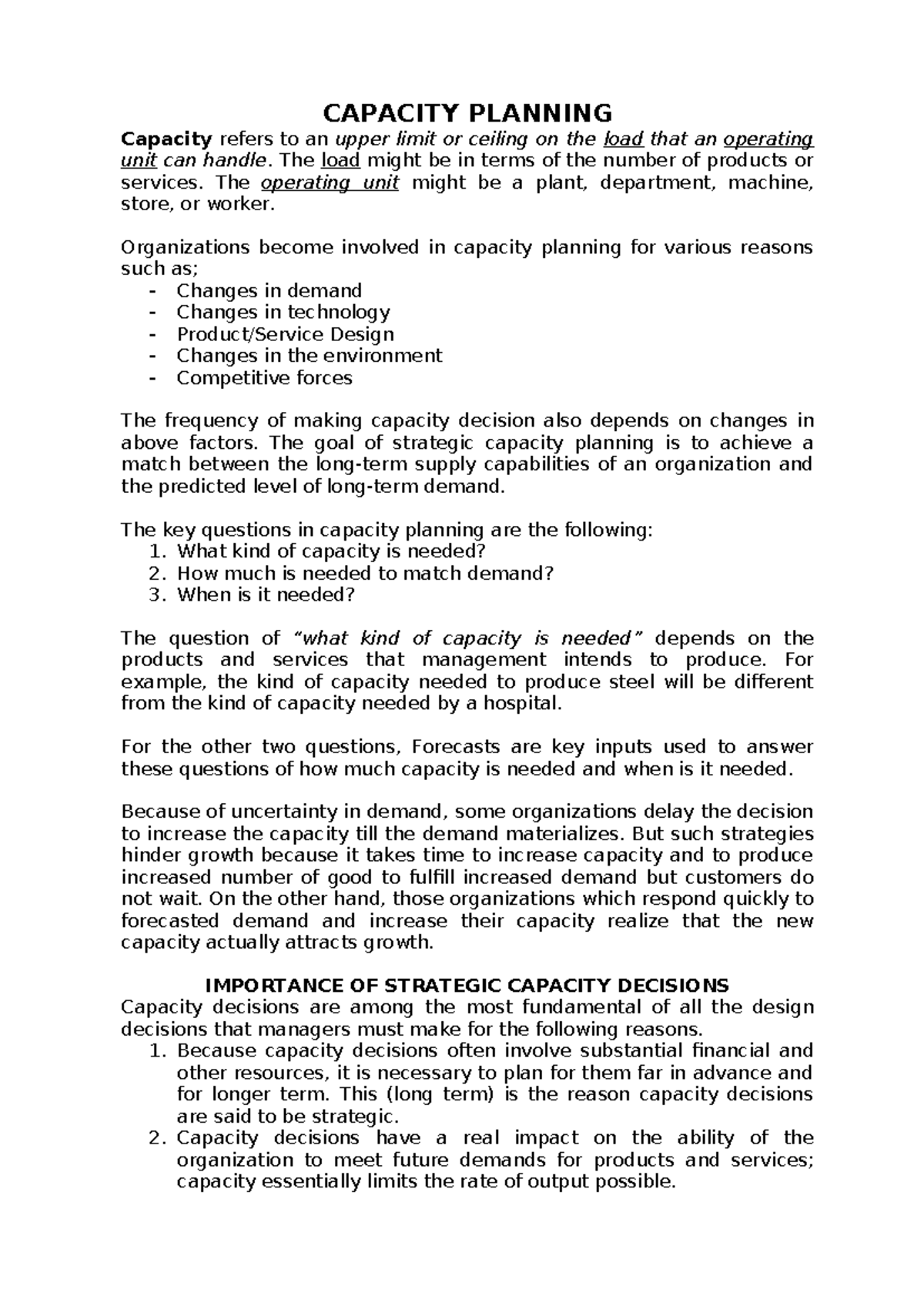 4. Capacity Planning - CAPACITY PLANNING Capacity refers to an upper ...