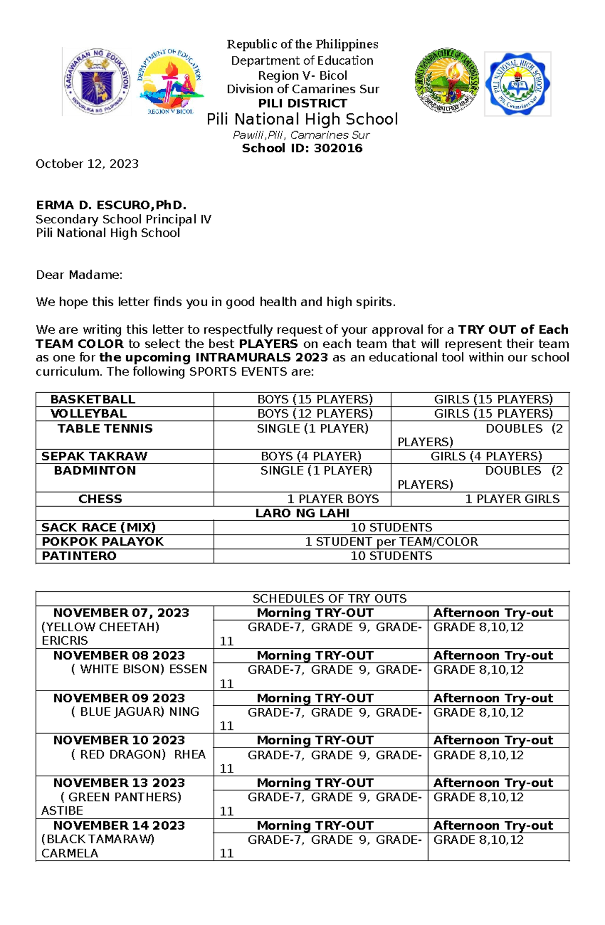Letter Intramurals TRY OUT - Republic of the Philippines Department of ...