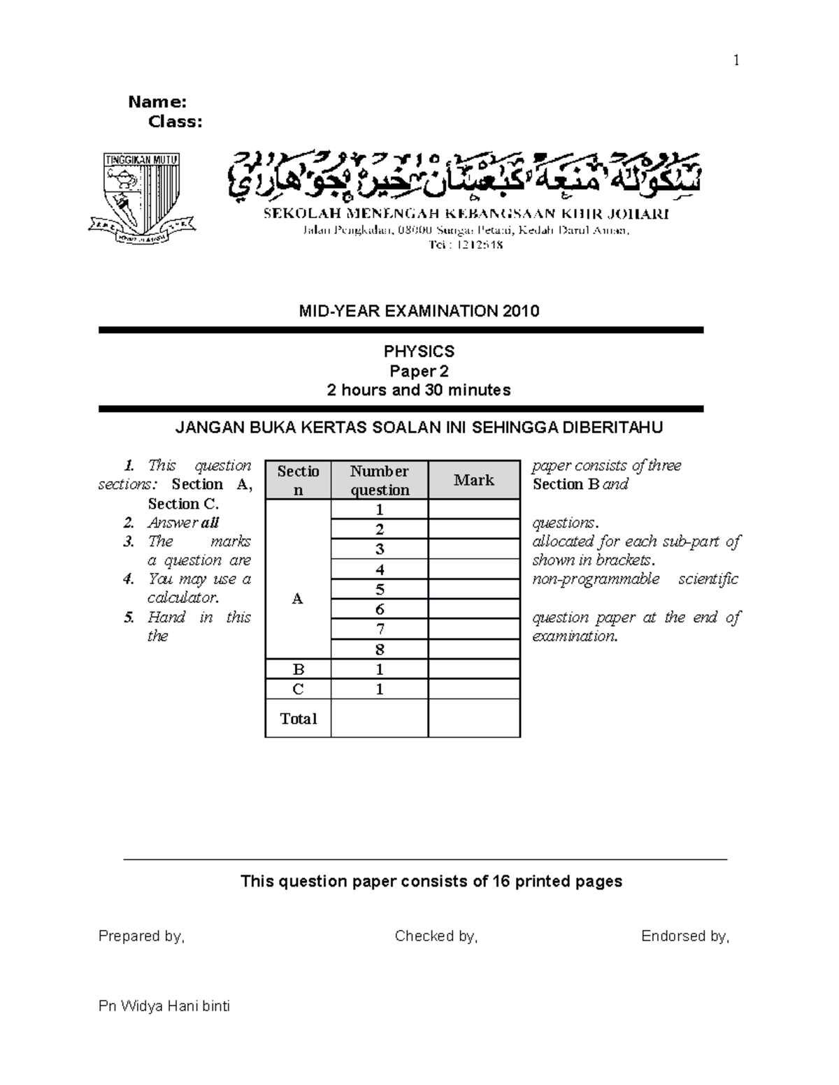 Toaz - hhh - Name: Class: MID-YEAR EXAMINATION 2010 PHYSICS Paper 2 2 ...