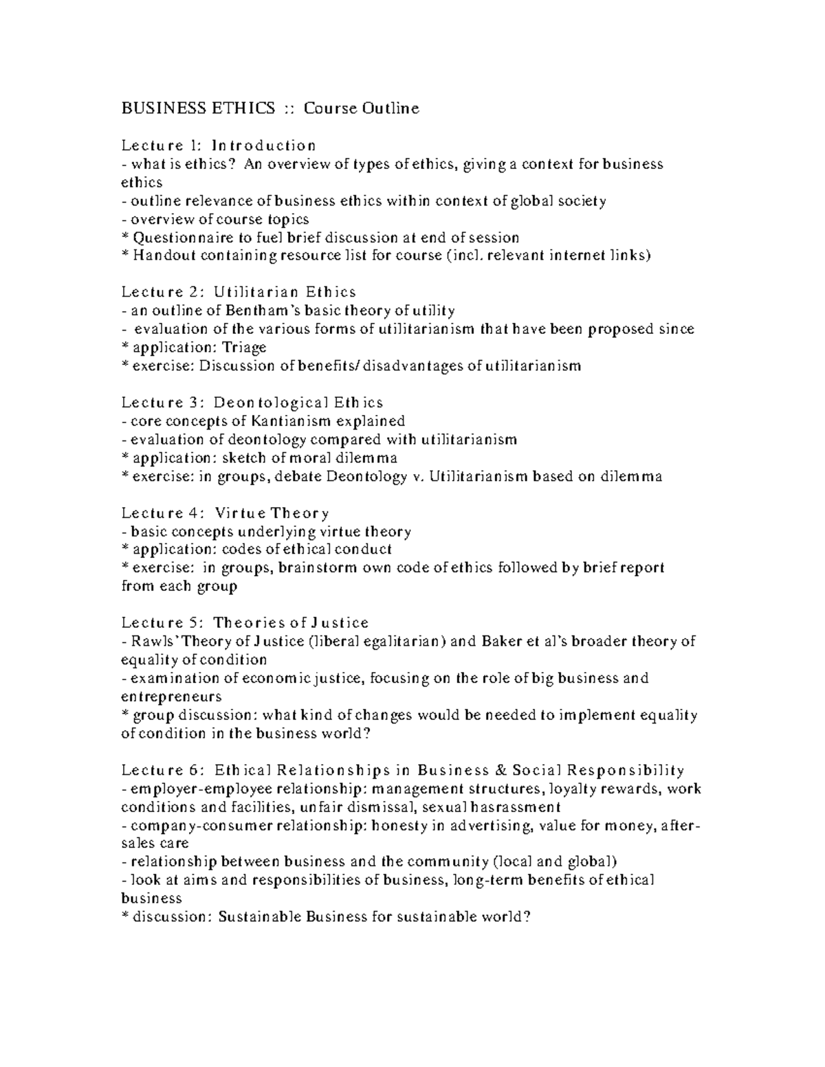 Course Outline of business ethics - BUSINESS ETHICS :: Course Outline ...