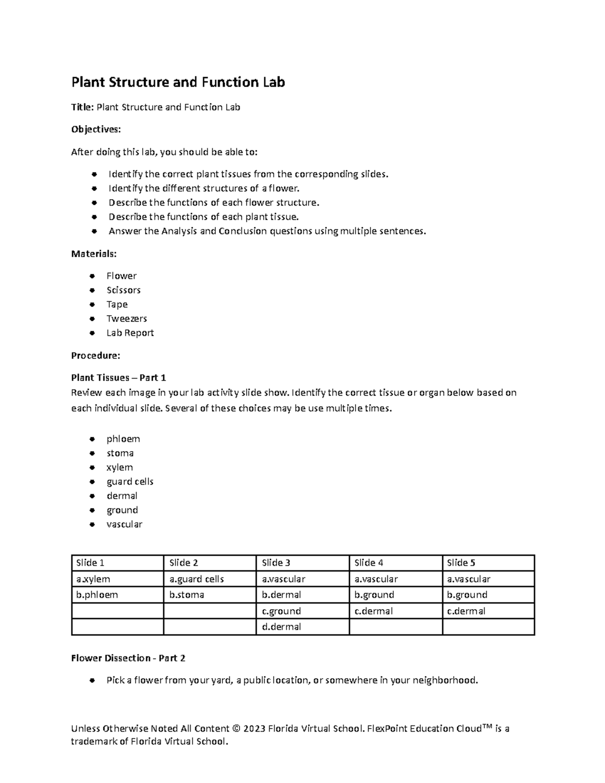 Plants lab SM - Plant Structure and Function Lab Title: Plant Structure ...