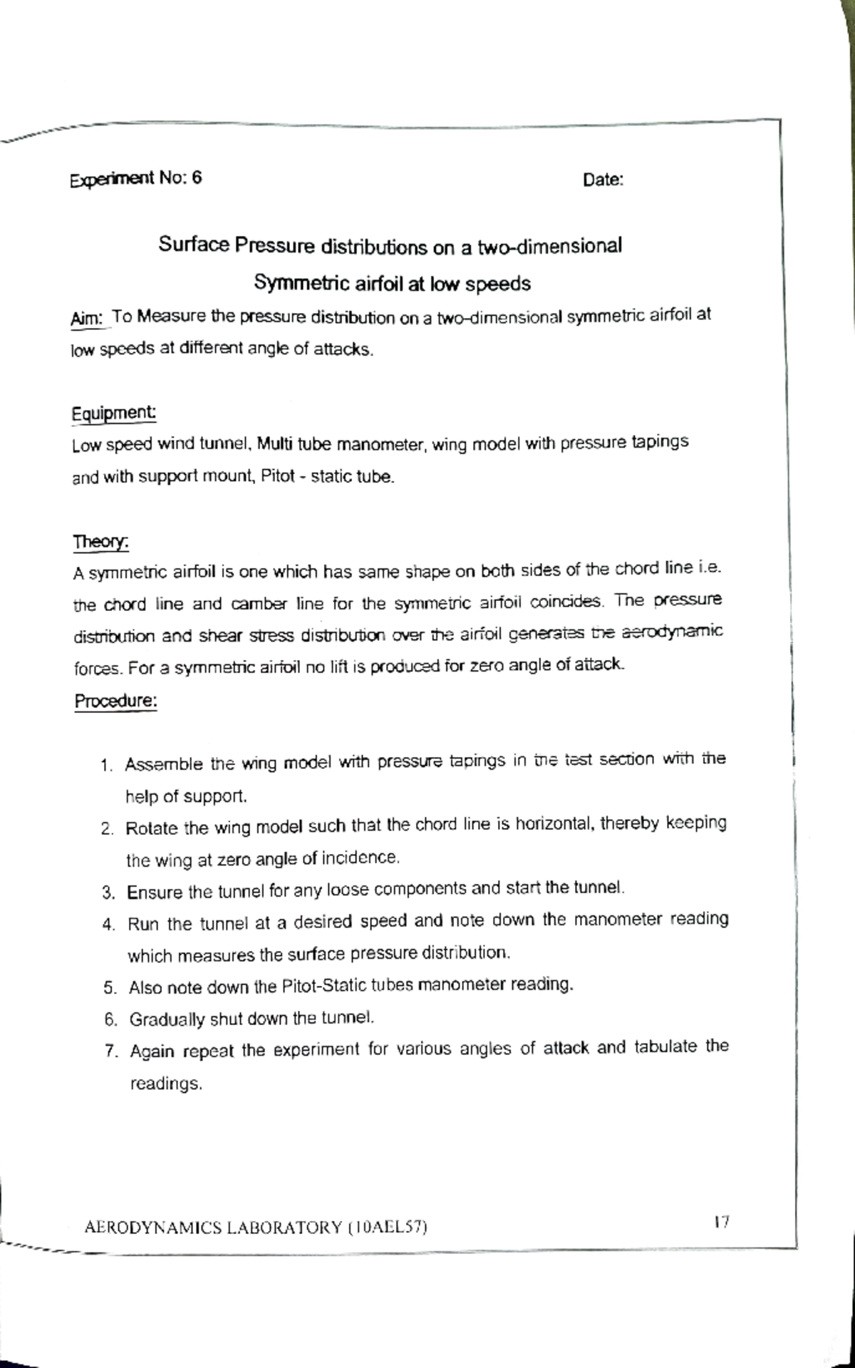 Exp 6 Ad Aerodynamics Experiment No 6 Equipment Aim To Measure The Pressure Distribution