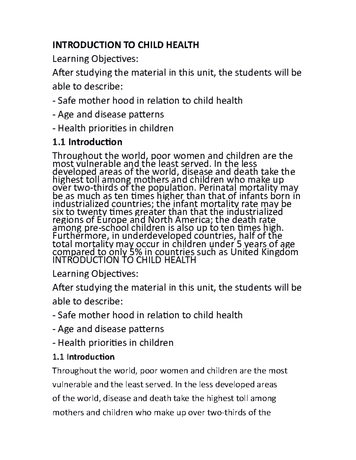 Introduction TO Child Health notes - INTRODUCTION TO CHILD HEALTH ...
