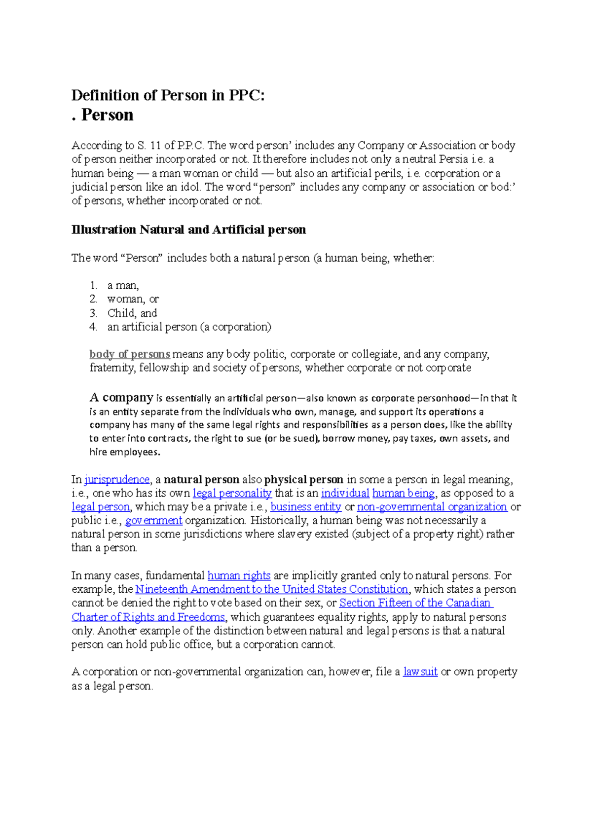 Definition of Person in PPC - Person According to S. 11 of P.P. The ...