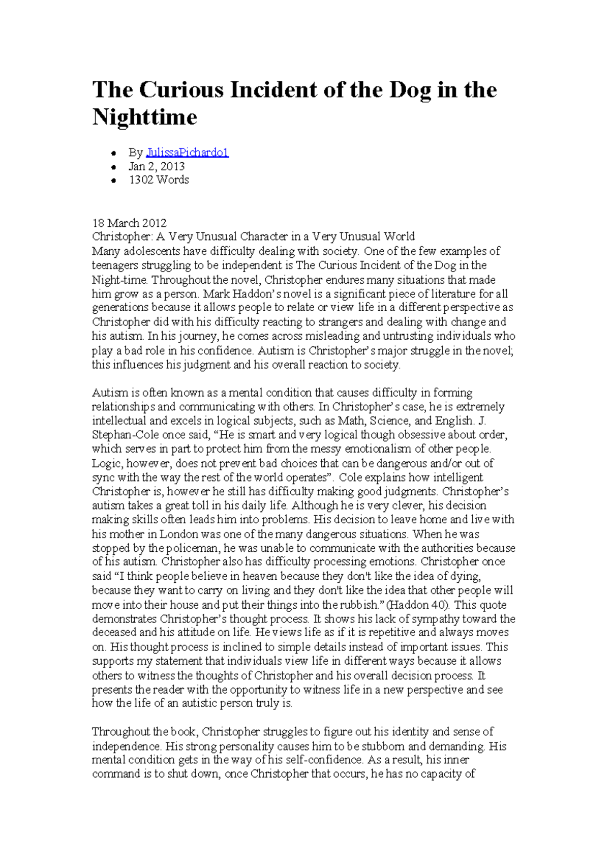Essay - Christopher An Unusual Character - The Curious Incident of the ...