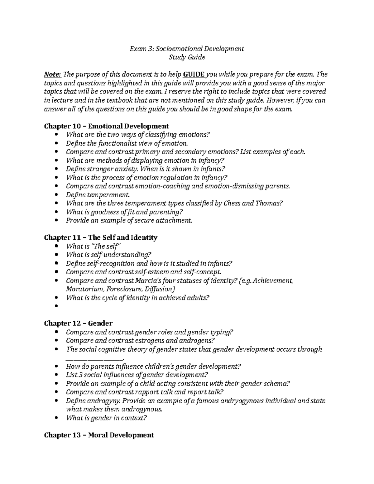 Exam 3 Study Guide - Child Psych - Exam 3: Socioemotional Development ...
