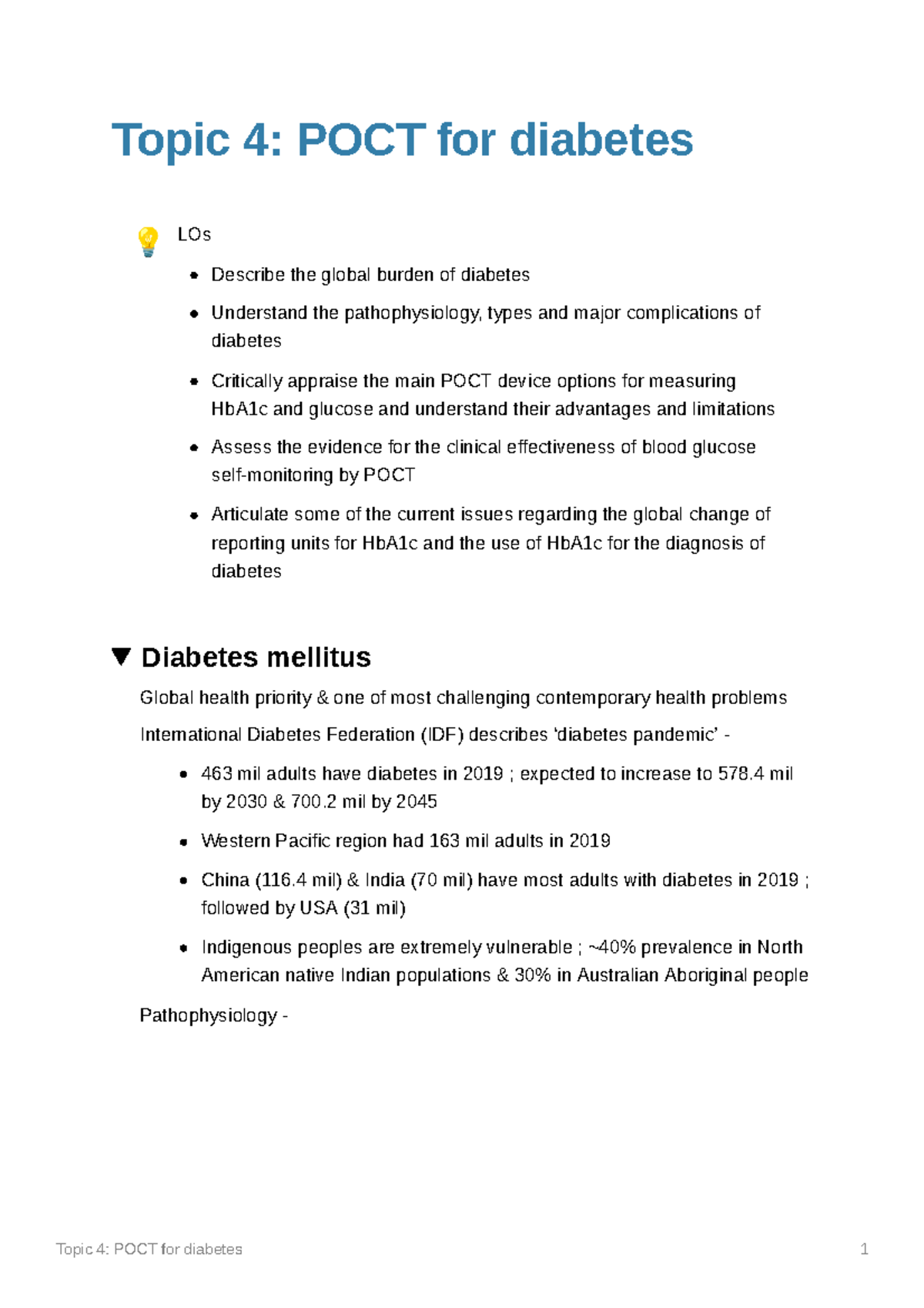 MDSC3100 POCT for diabetes - Topic 4: POCT for diabetes LOs Describe ...