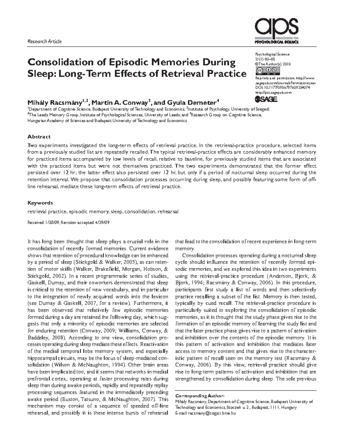 1 hr Consciousness & Learning Episodic memories during sleep; long-term ...