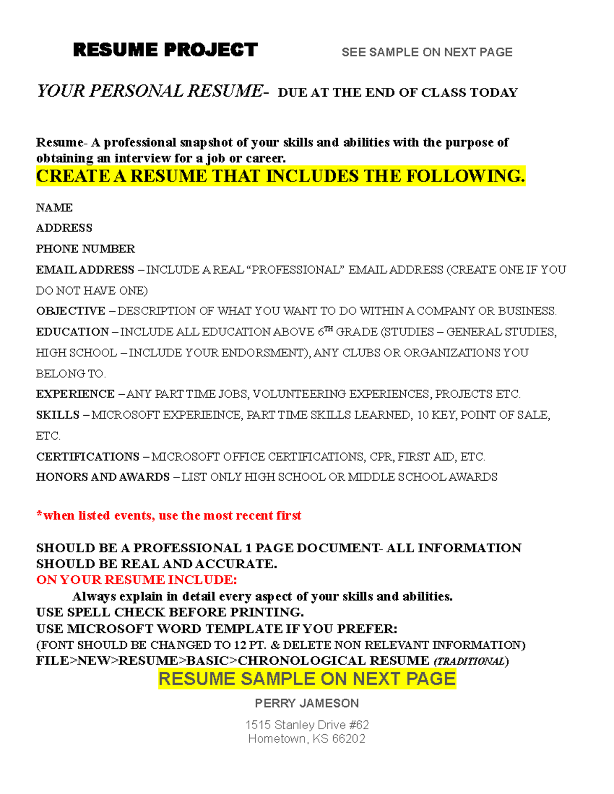 3. Resumeprojectrev 2017 - RESUME PROJECT SEE SAMPLE ON NEXT PAGE YOUR ...