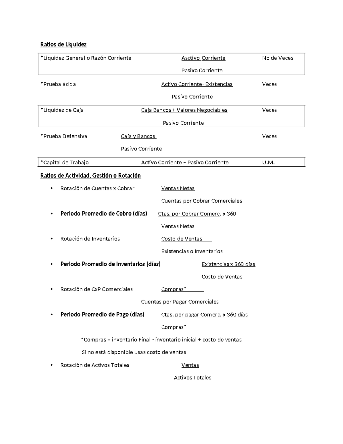 Plantilla de Ratios - Ratios de Liquidez *Liquidez General o Razón ...