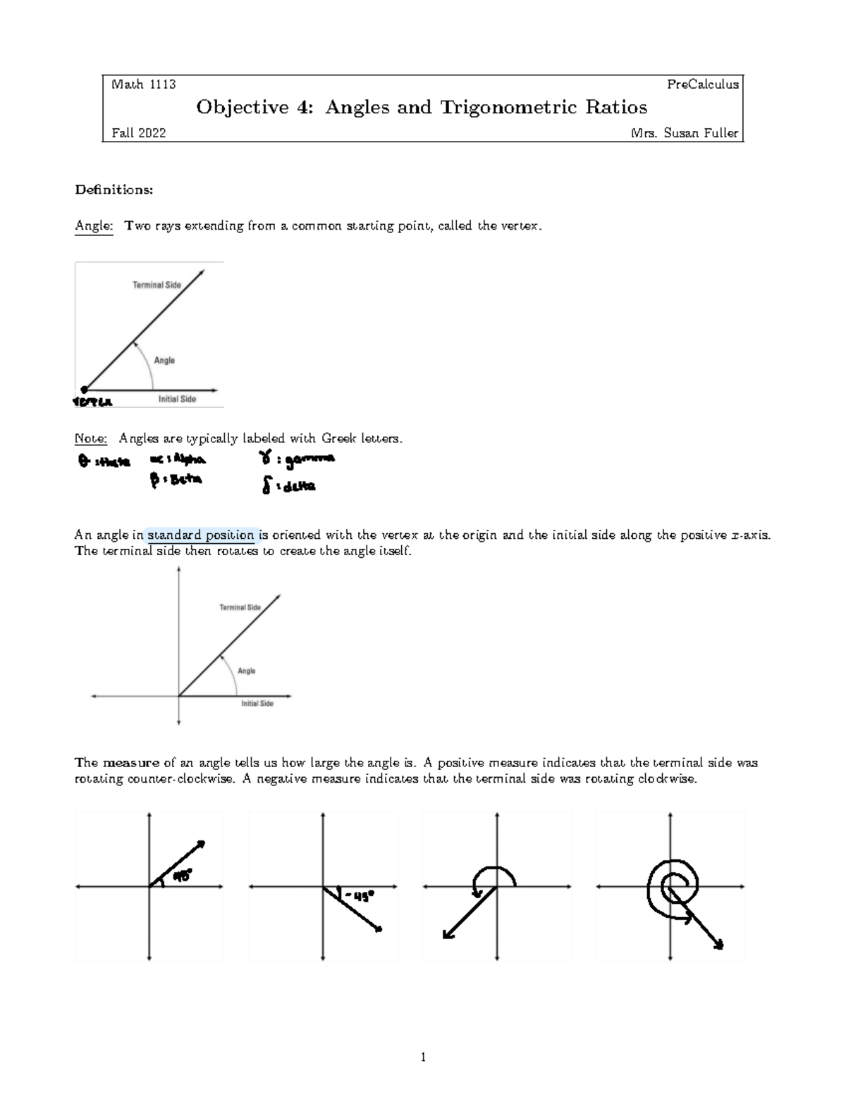 HW4 Trig - Notes - Math 1113 PreCalculus Objective 4: Angles and ...