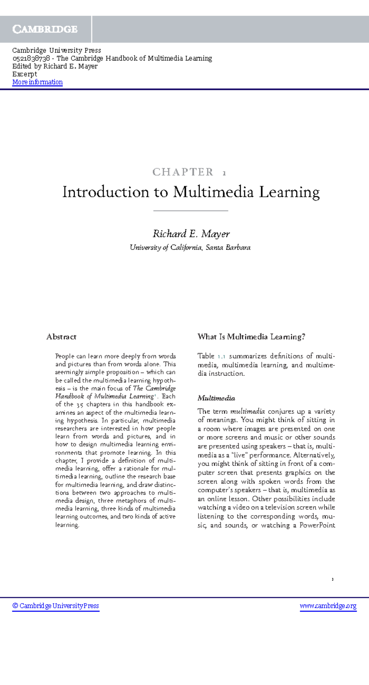Multimedia Learning - C H A P T E R 1 Introduction to Multimedia ...