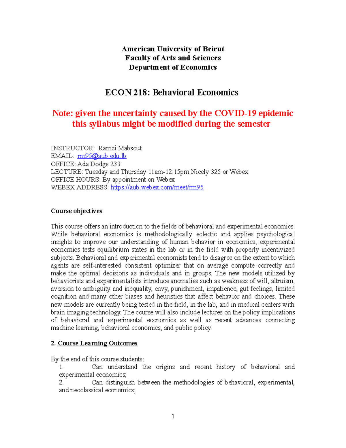 Econ 218 - Syllabus and outline during covid spring 2021 - American ...