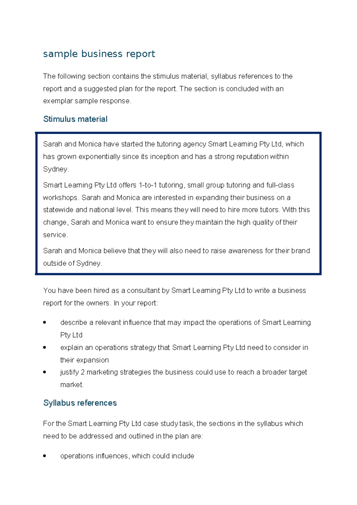 Sample Business Report - sample business report The following section ...