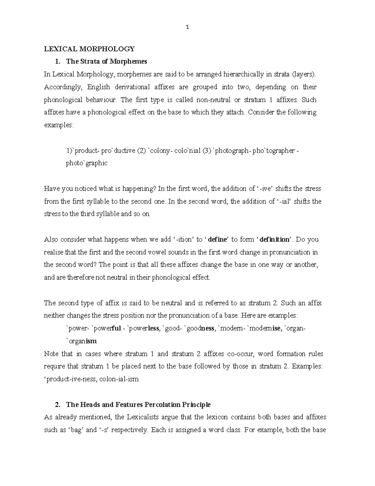 AEN 400 Lexical Morphology - LEXICAL MORPHOLOGY The Strata of Morphemes ...