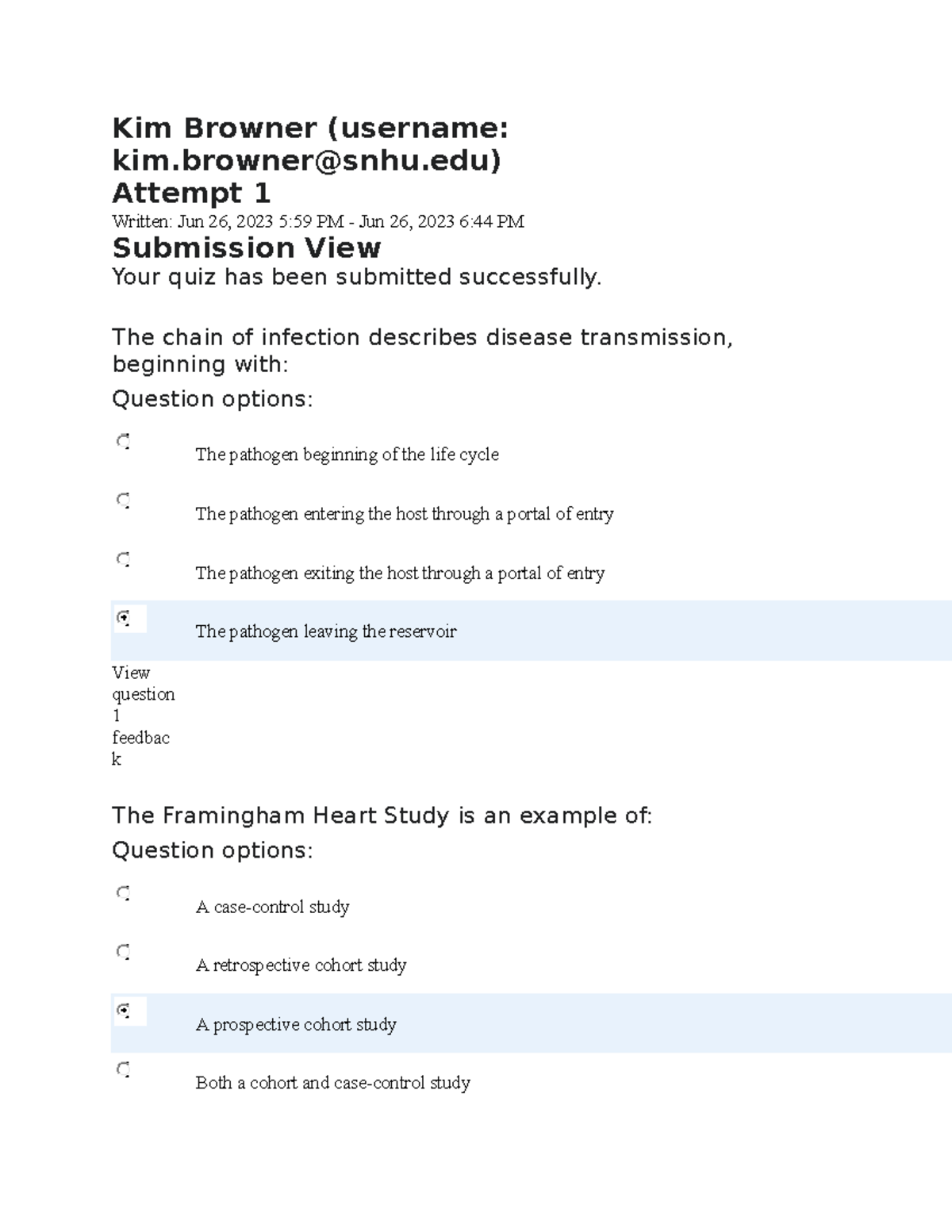 Module 1 Quiz 1-2 Epidemiological Principles - Kim Browner (username ...