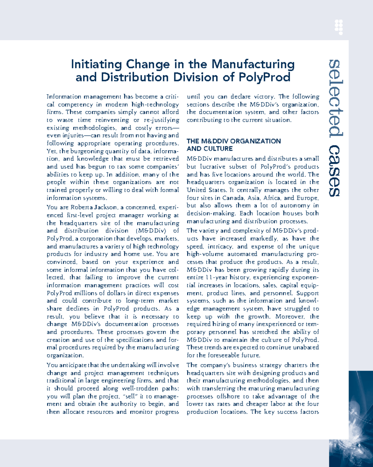 Case Initiating Change in the Manufacturing and Distribution Division ...