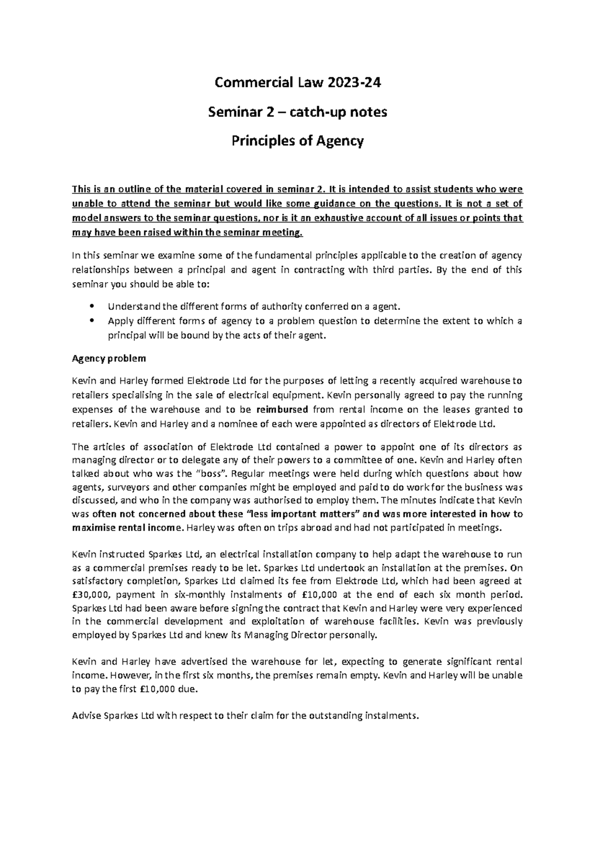 Seminar 2 catch up notes Agency - Commercial Law 2023- Seminar 2 ...