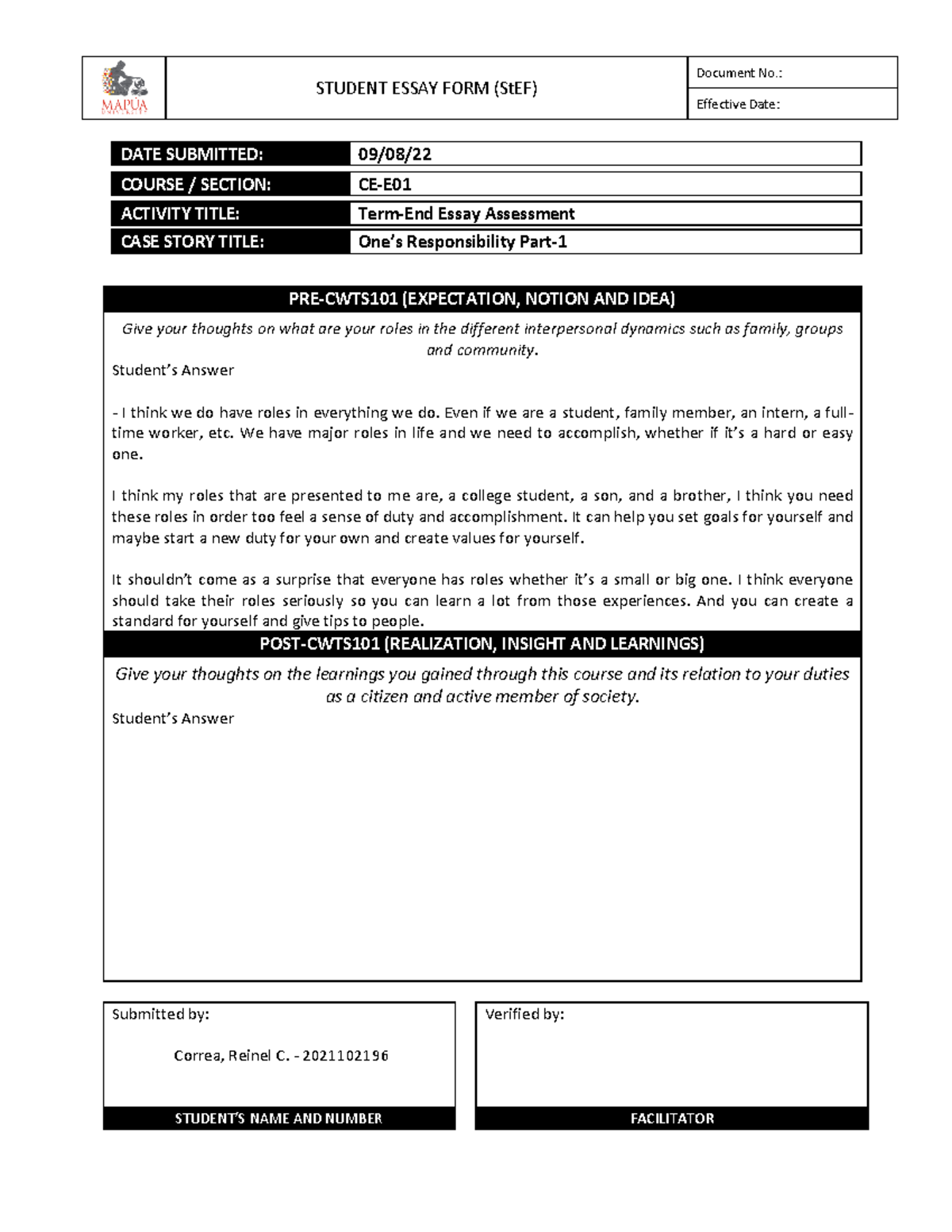 CWTS101 Term End Essay Assessment part 1 - STUDENT ESSAY FORM (StEF ...