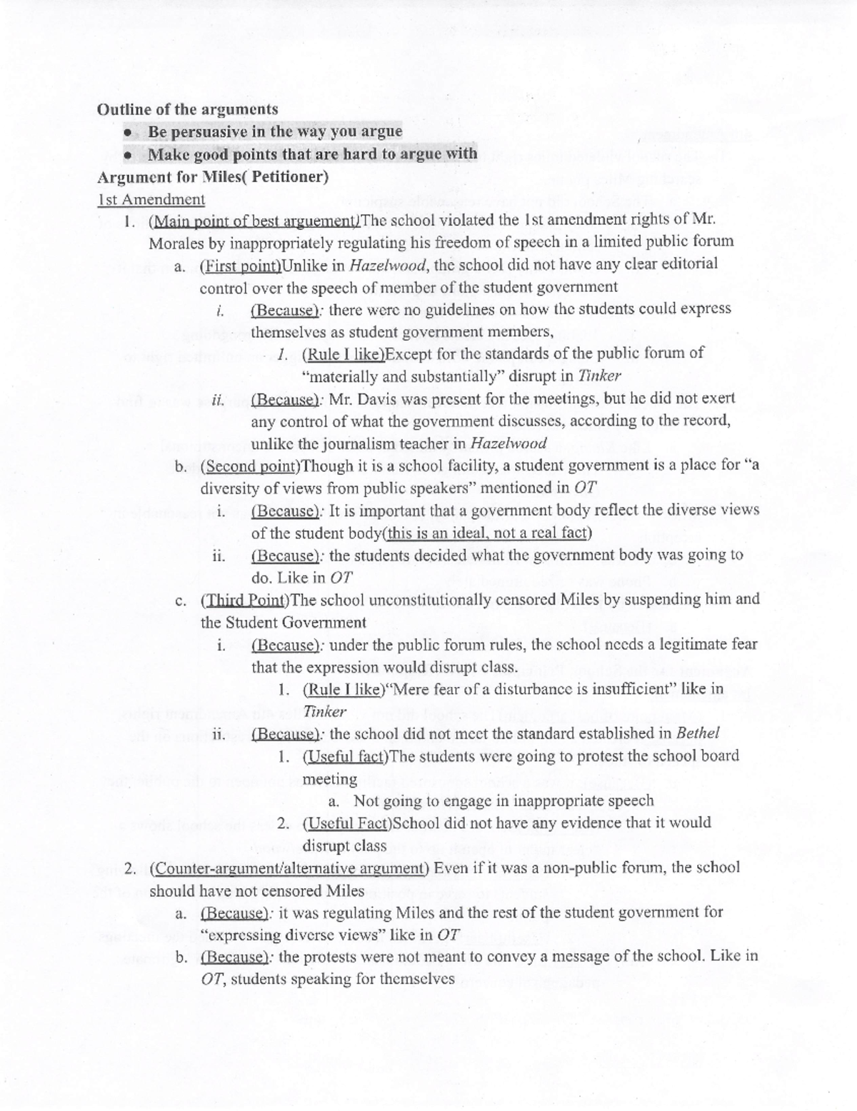 Moot Court Outline of Arguments - Outline of the arguments • Be ...