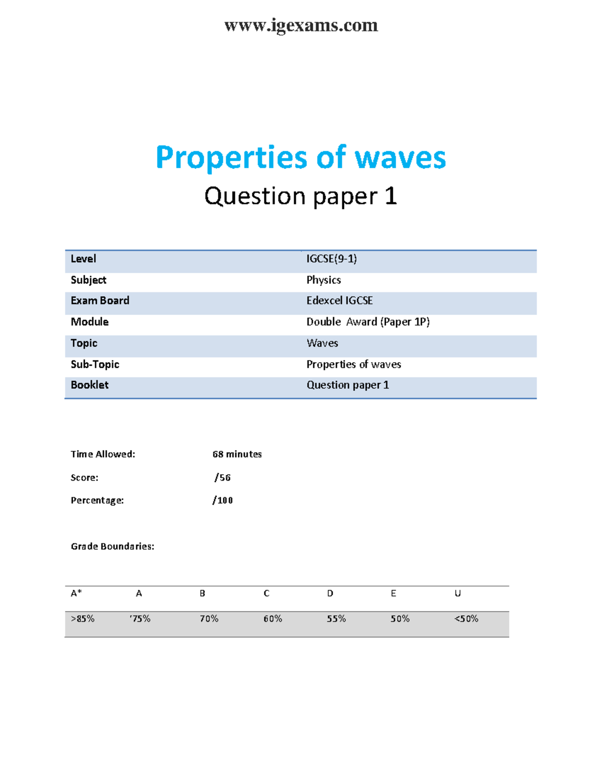 9.1 - properties of waves 1p - edexcel igcse physics qp - Properties of waves Question paper 1 ...