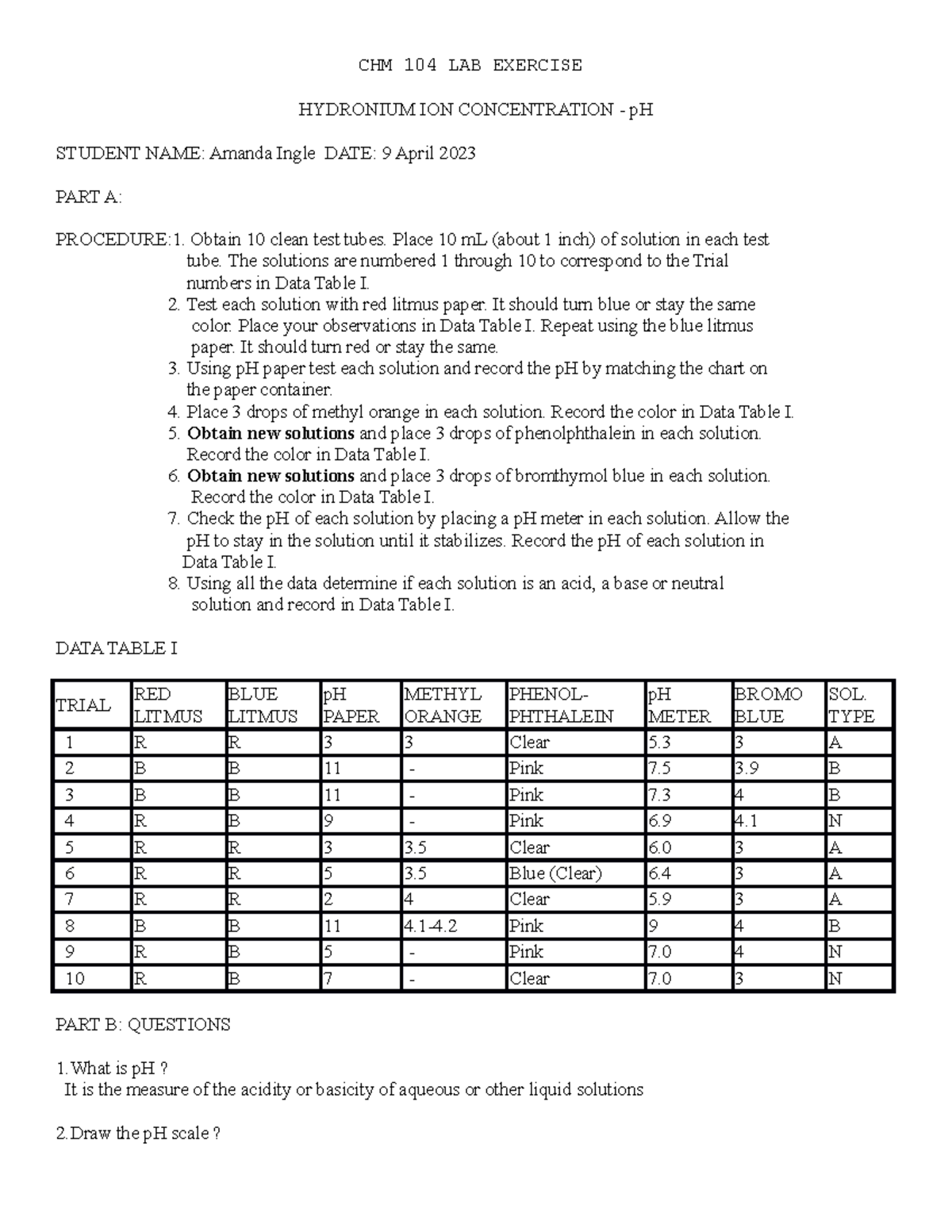 Hydronium Ion Concentration - CHM 104 LAB EXERCISE HYDRONIUM ION ...
