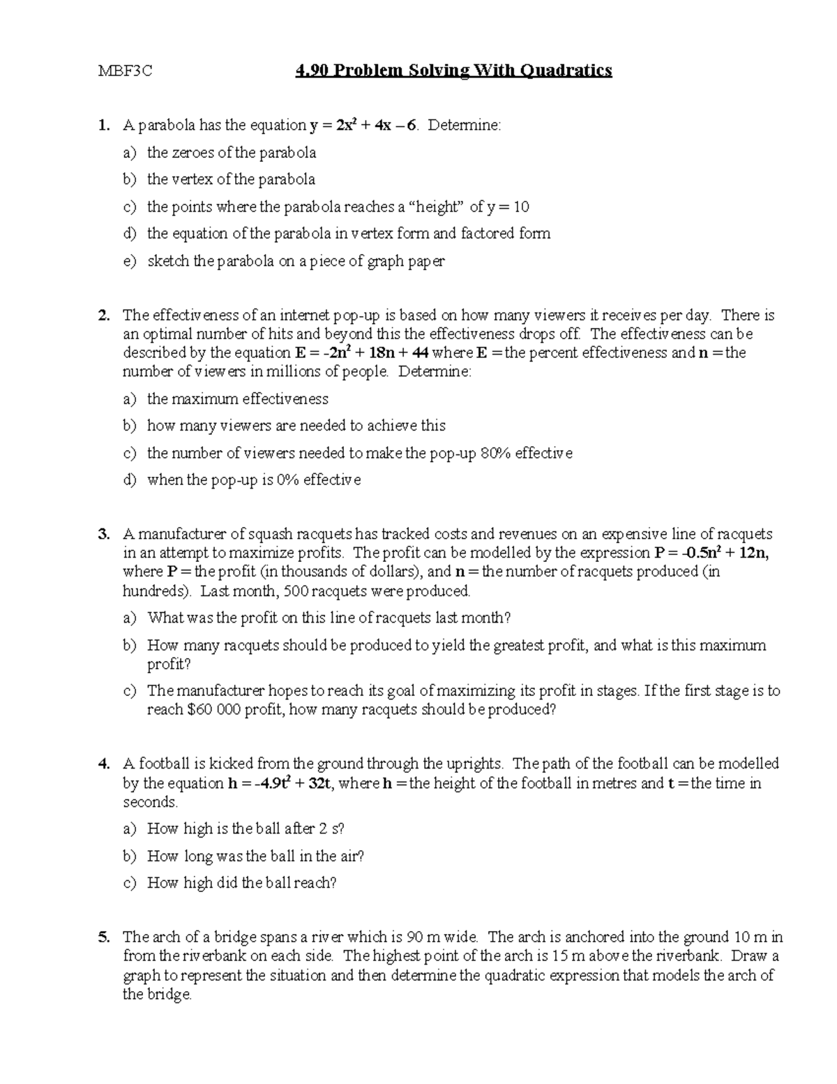 questions for practice - MBF3C 4 Problem Solving With Quadratics A ...