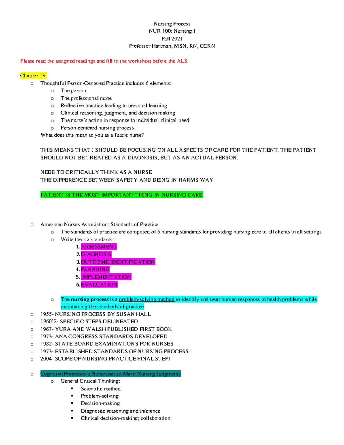 Nursing Process 2021- Student Outline - Nursing Process NUR 100 ...