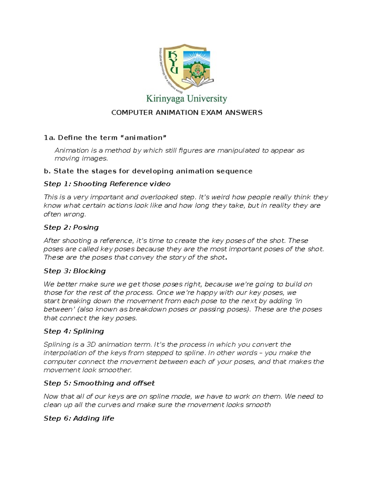 anlytical geometry - COMPUTER ANIMATION EXAM ANSWERS 1a. Define the ...