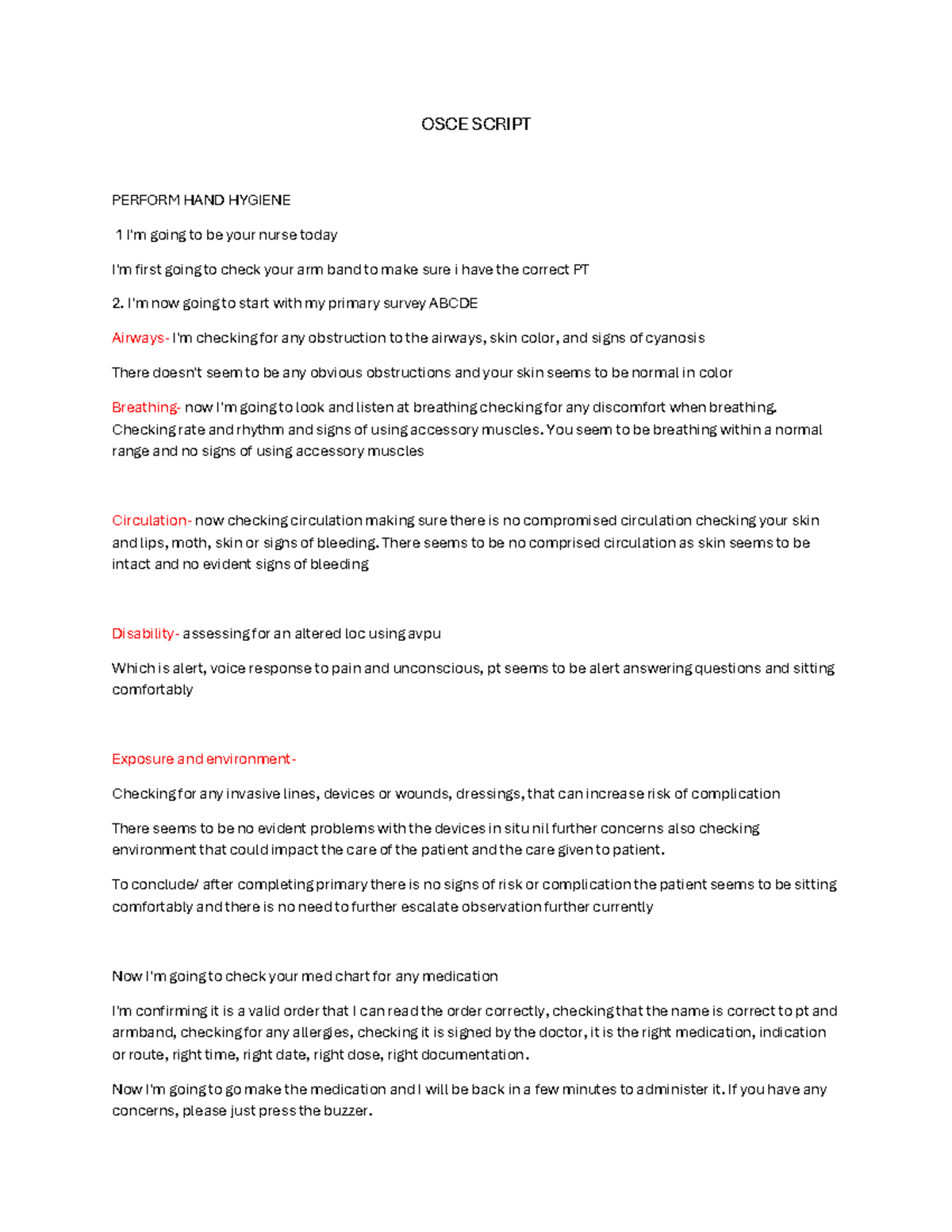 OSCE 2 SCRIPT (IV antibiotic push, ABCDE, Handover) - OSCE SCRIPT ...