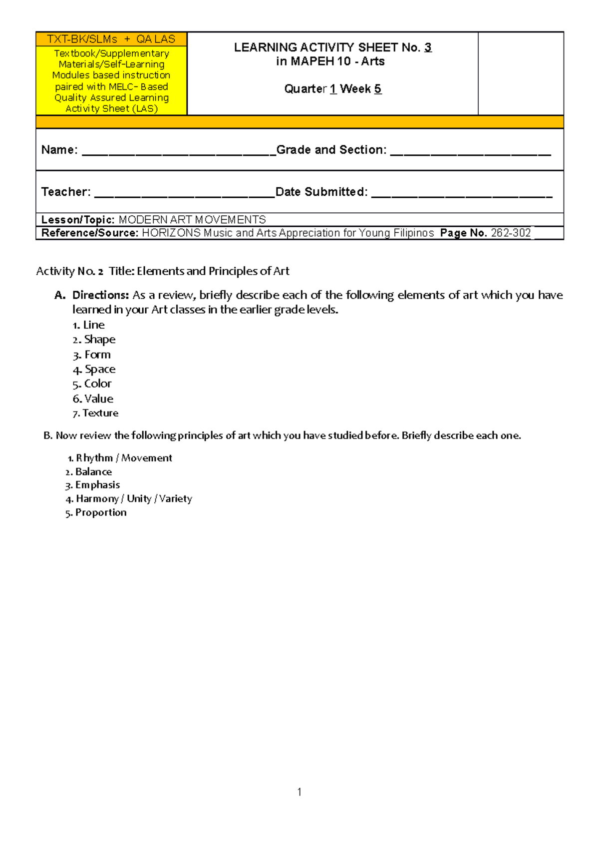 Art-Week-5-Activity-Distance-Learning-Copy - TXT-BK/SLMs + QA LAS ...