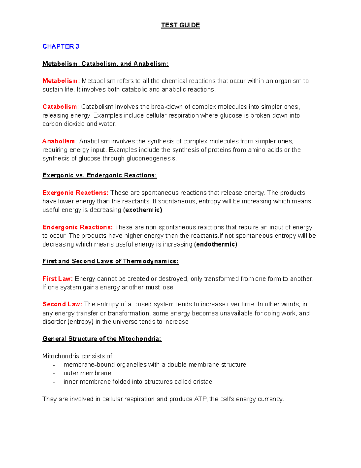 Study Test Guide - Chapter 3 - CHAPTER 3 Metabolism, Catabolism, and ...