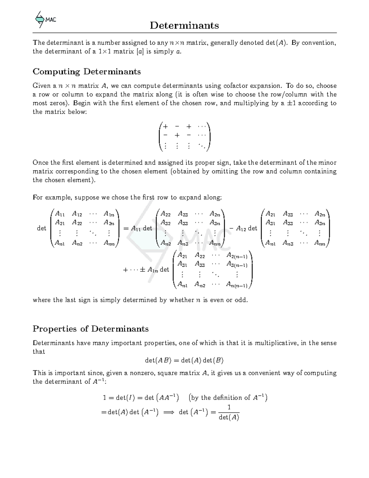 171 Determinants - Highly summarized and concise lecture notes/study ...