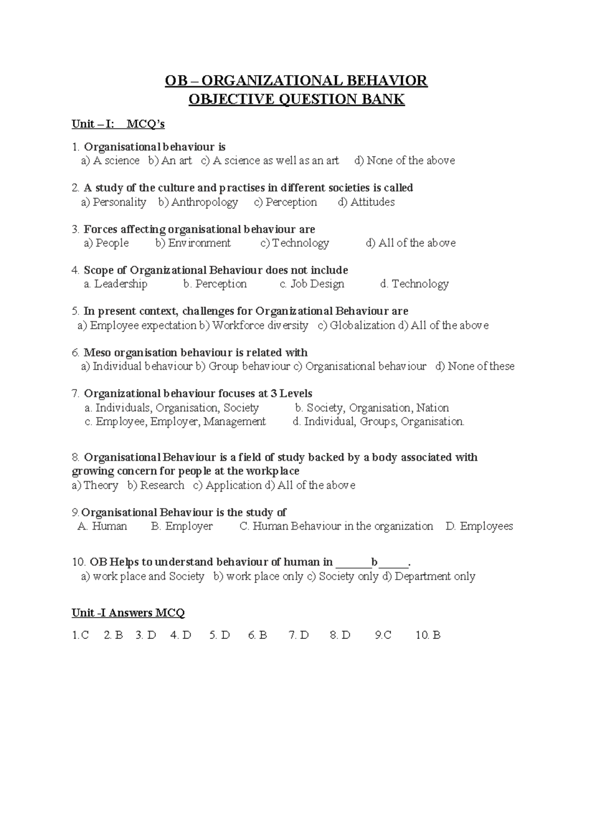 OB 5 Units Objective Question Bank (1) - OB – ORGANIZATIONAL BEHAVIOR ...