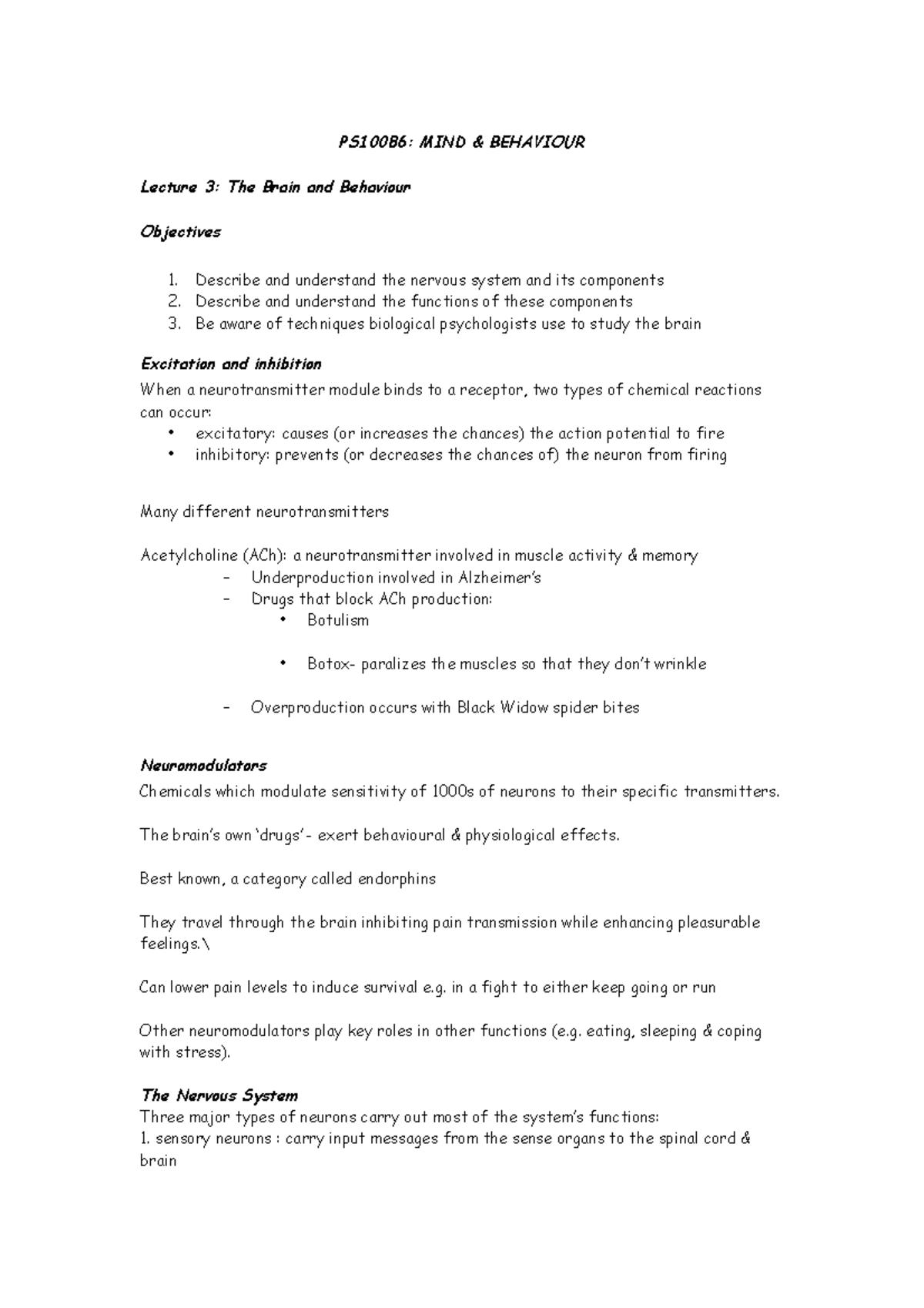 Completed handout for lecture 3b Ian - Brain and Behaviour - PS10086: MIND & BEHAVIOUR Lecture ...