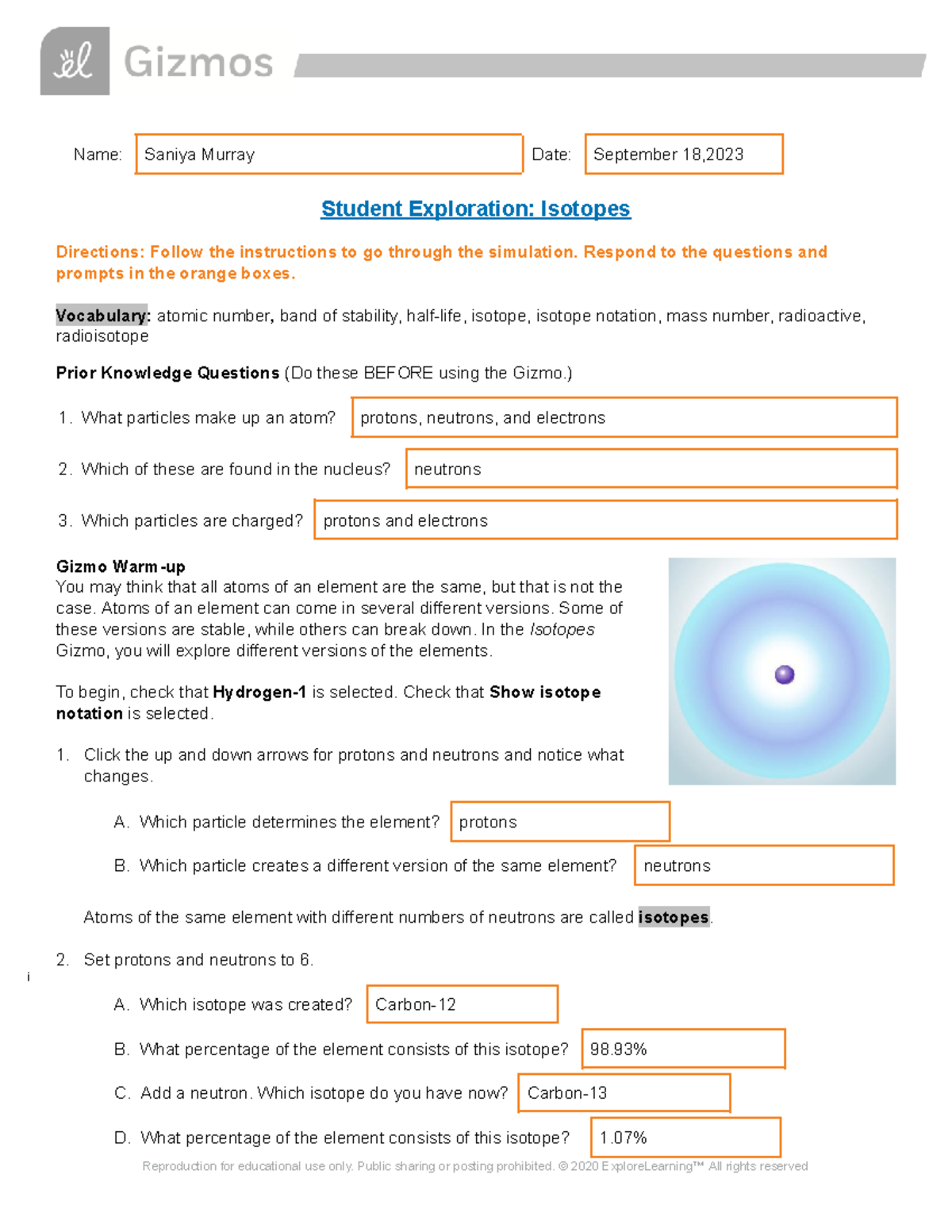 Isotopes Gizmos - Name: Saniya Murray Date: September 18, Student ...