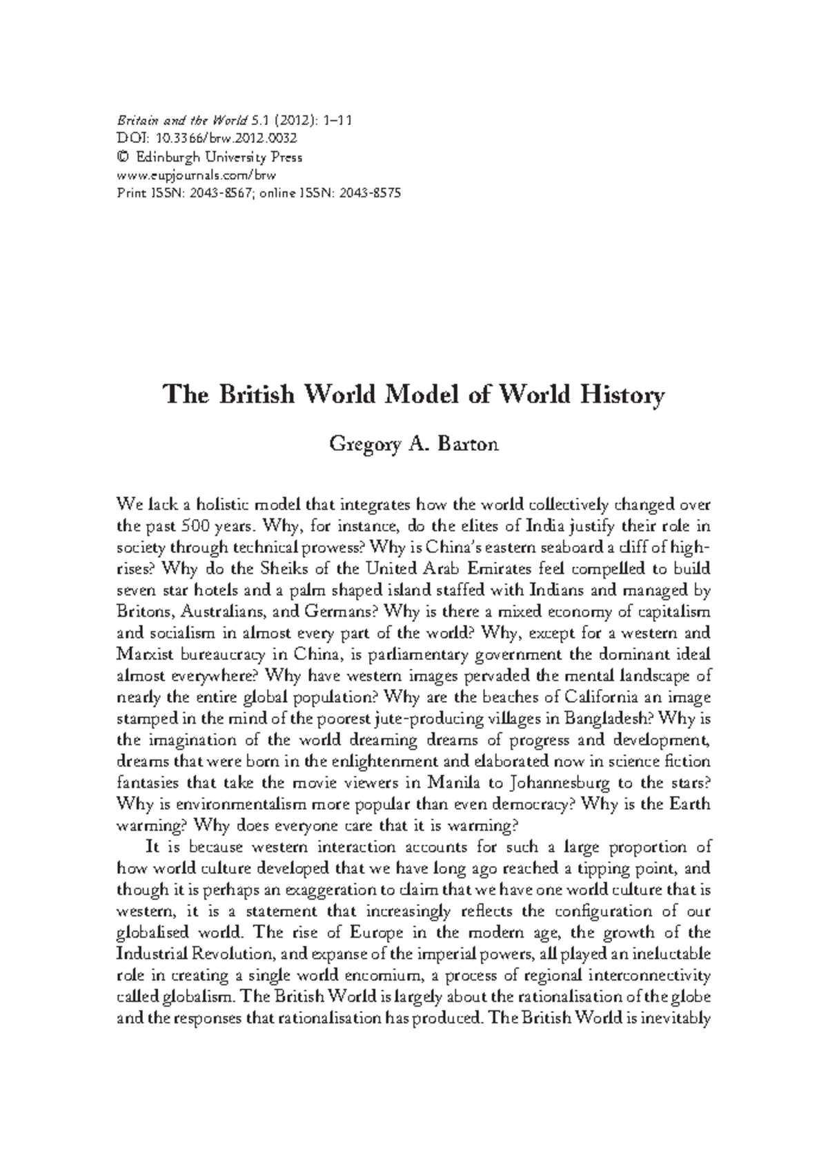 The British World Model of World History - Barton We lack a holistic ...