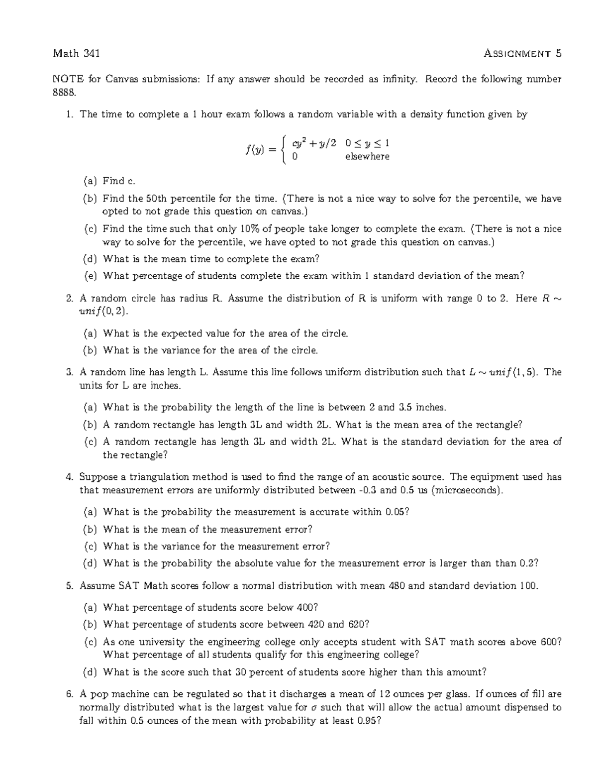 HW5-1 - course assignment - Math 341 Assignment 5 NOTE for Canvas submissions: If any answer ...